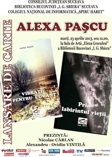 Dubla lansare de carte, marca Alexa Pascu, la Biblioteca Bucovinei